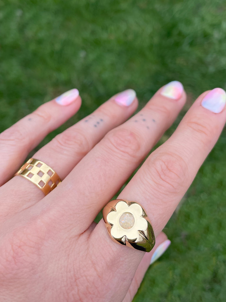 Opal Daisy Signet Ring